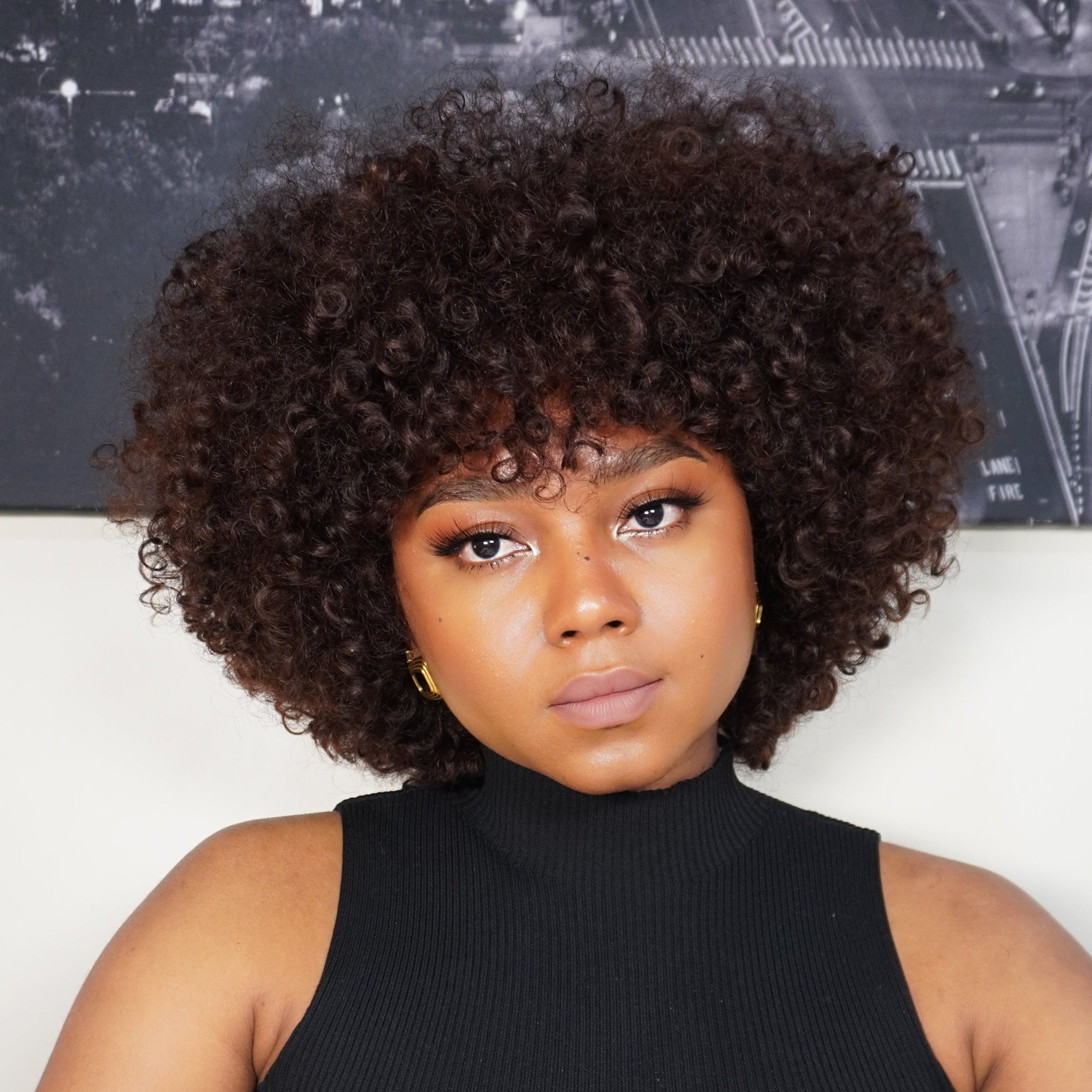 Berry Bang Coffee Wig – 14" Virgin Curly Wig with Full Bang & Glueless Fit